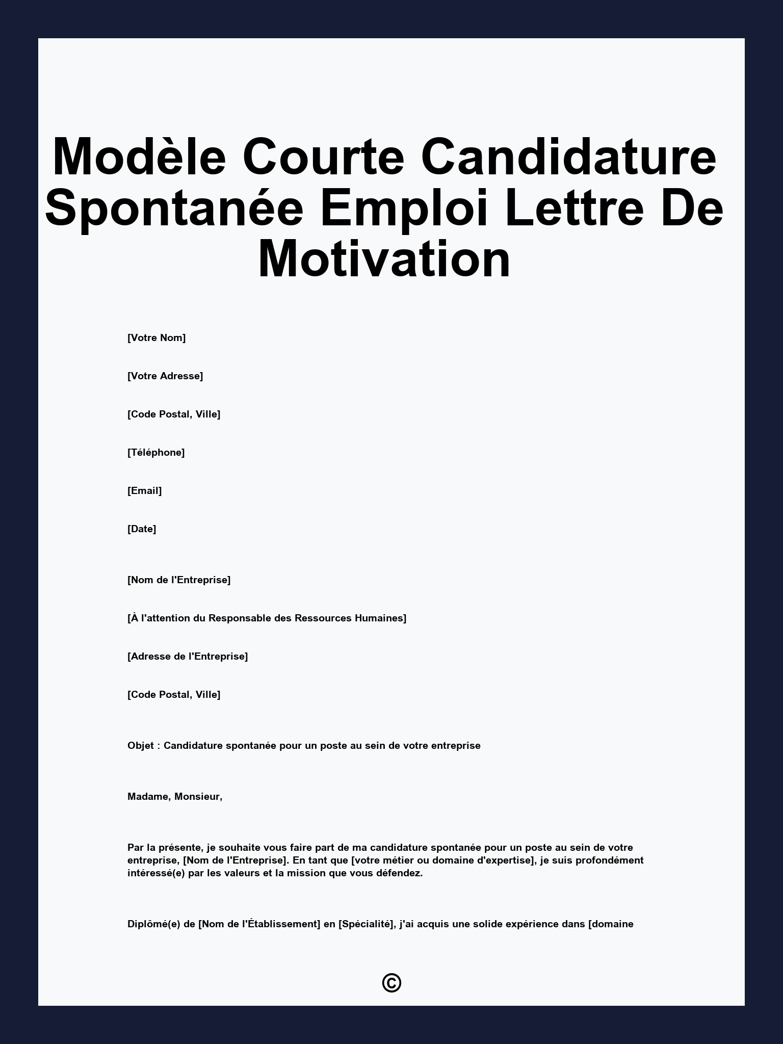 Modèle Courte Candidature Spontanée Emploi Lettre De Motivation