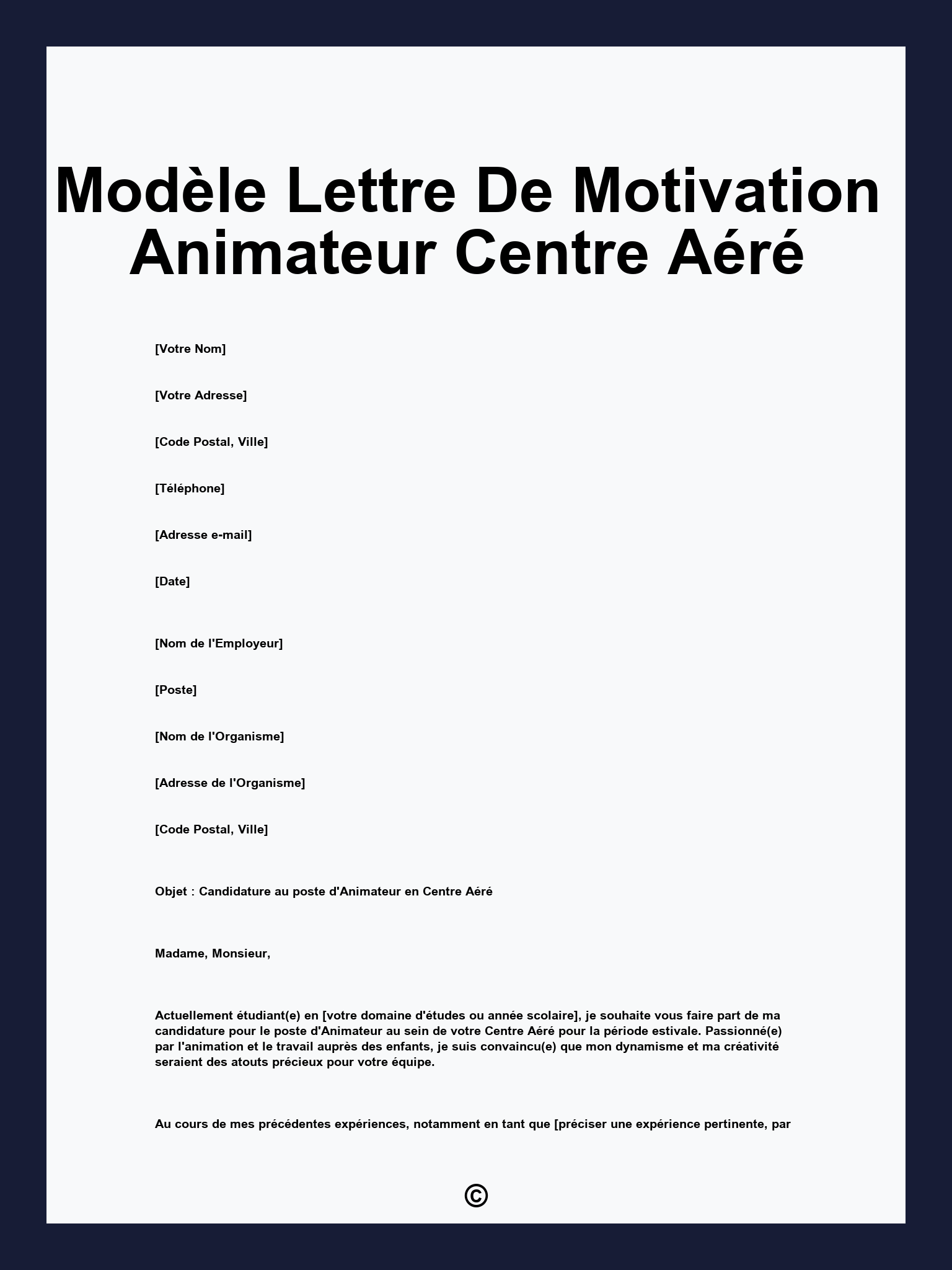 Modèle Lettre De Motivation Animateur Centre Aéré